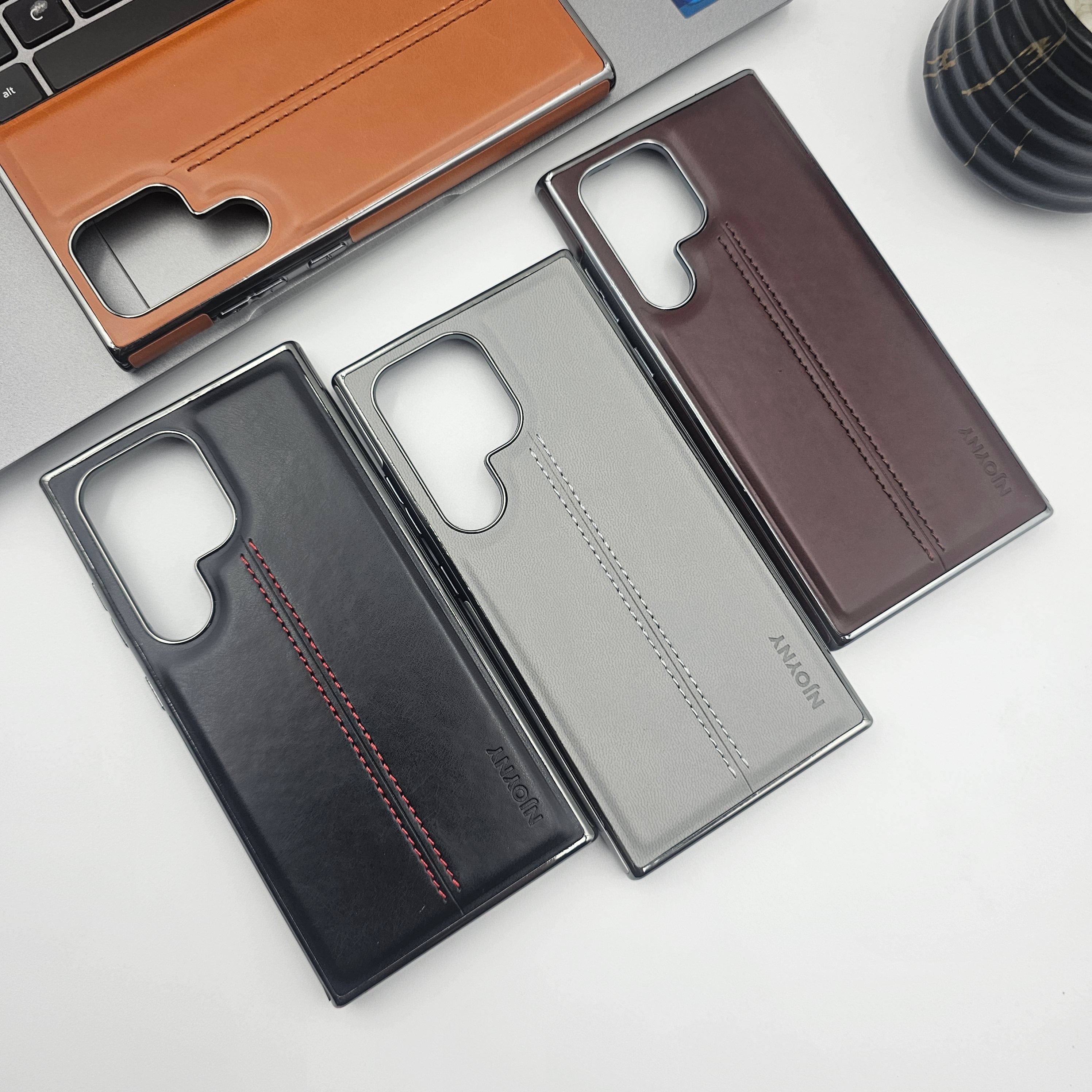 Samsung Galaxy S22 Ultra Centre Stitched Leather Case Inside Velvet ...