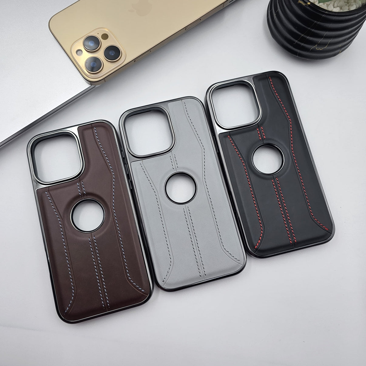 iPhone 3 Stripe Stitched Leather Case Minimalistic Design – Season Made